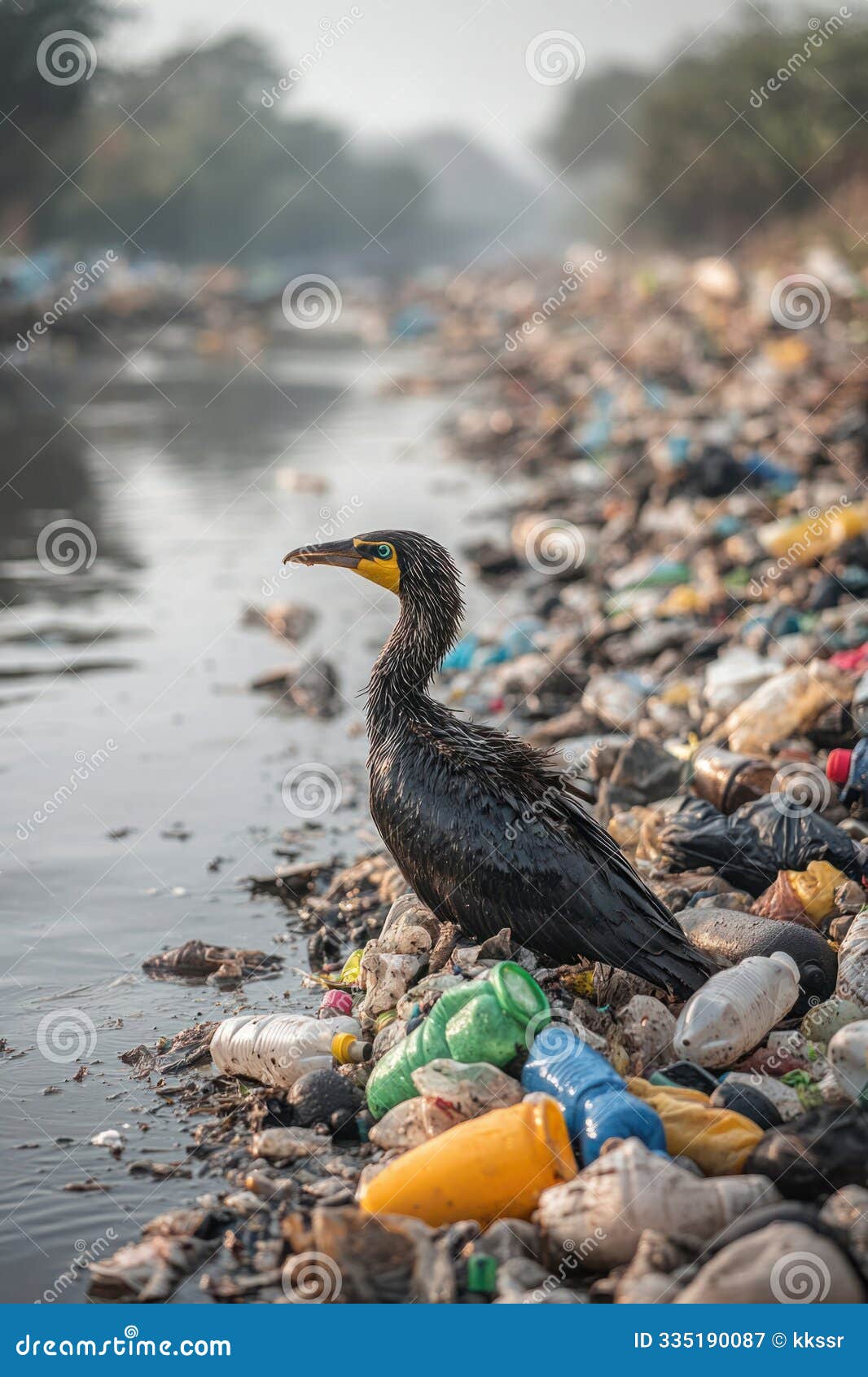 Bird Plastic Pollution, a Bird Surrounded by Plastic Waste Near a ...