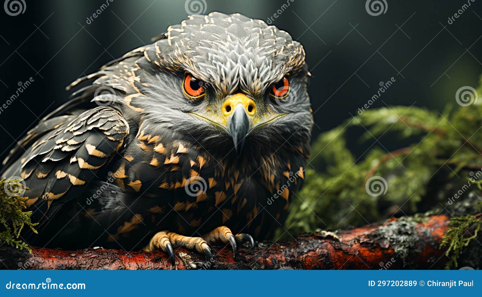 Bird of Prey Perching on Branch Staring with Intense Yellow Eyes Stock ...