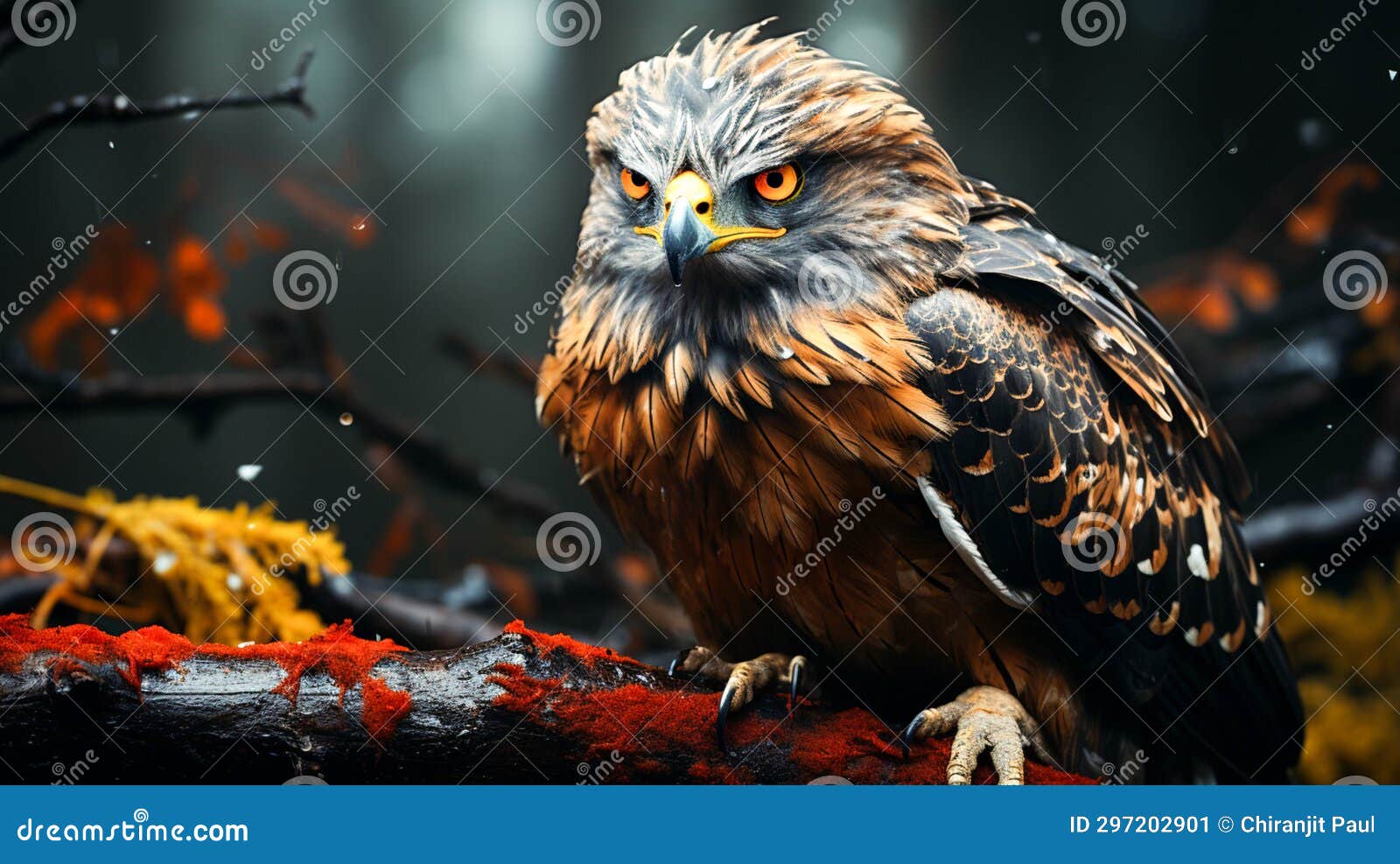 Bird of Prey Perching on Branch Staring with Intense Yellow Eyes Stock ...