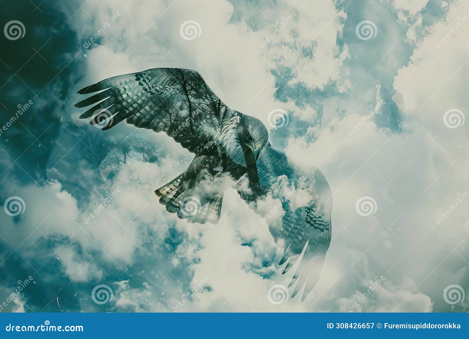A Bird of Prey Superimposed with the Texture of a Dramatic Cloudy Sky ...