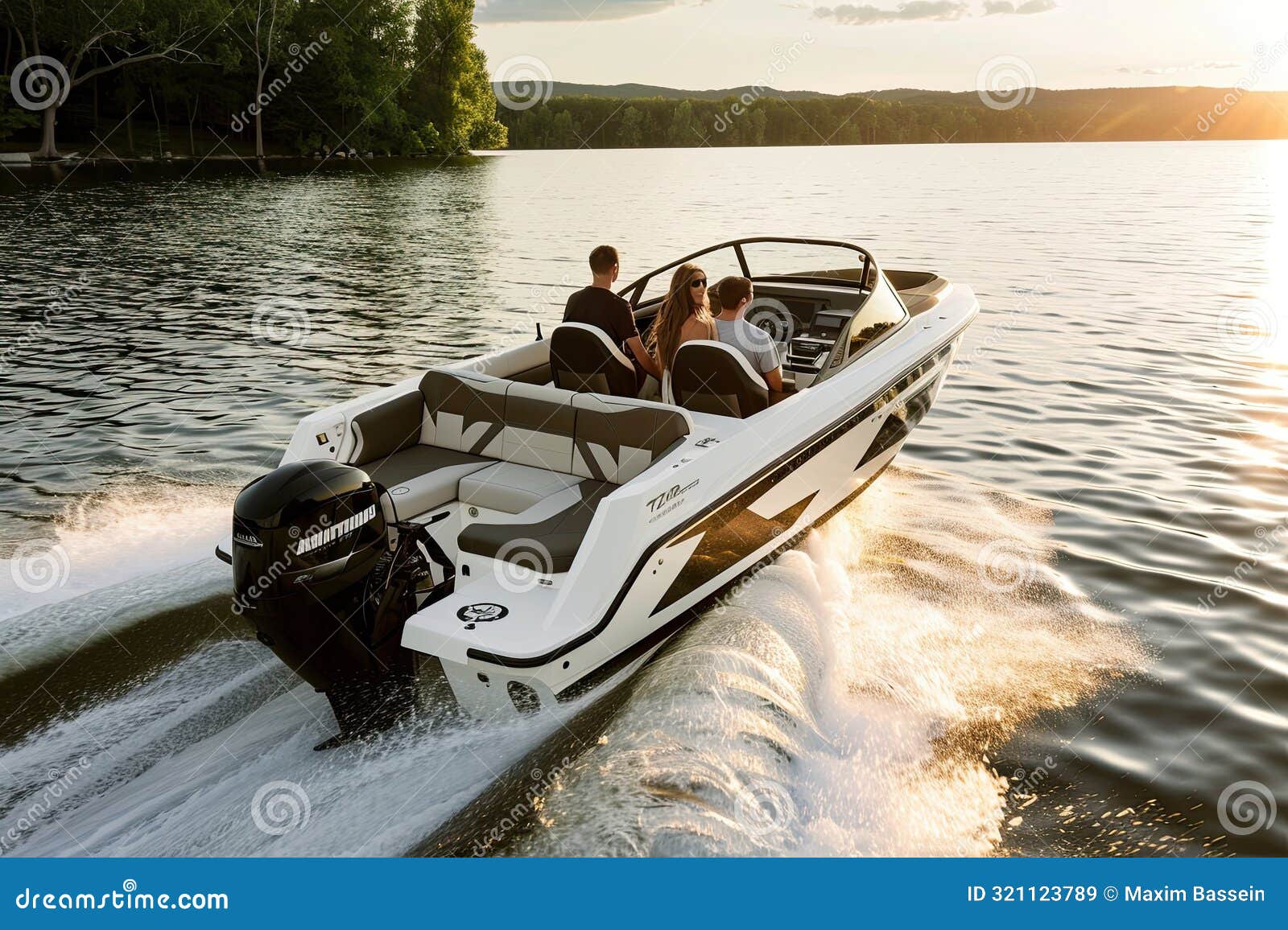 A Bird S-eye View of a Speedboat Sailing at Sunset on the Blue River ...