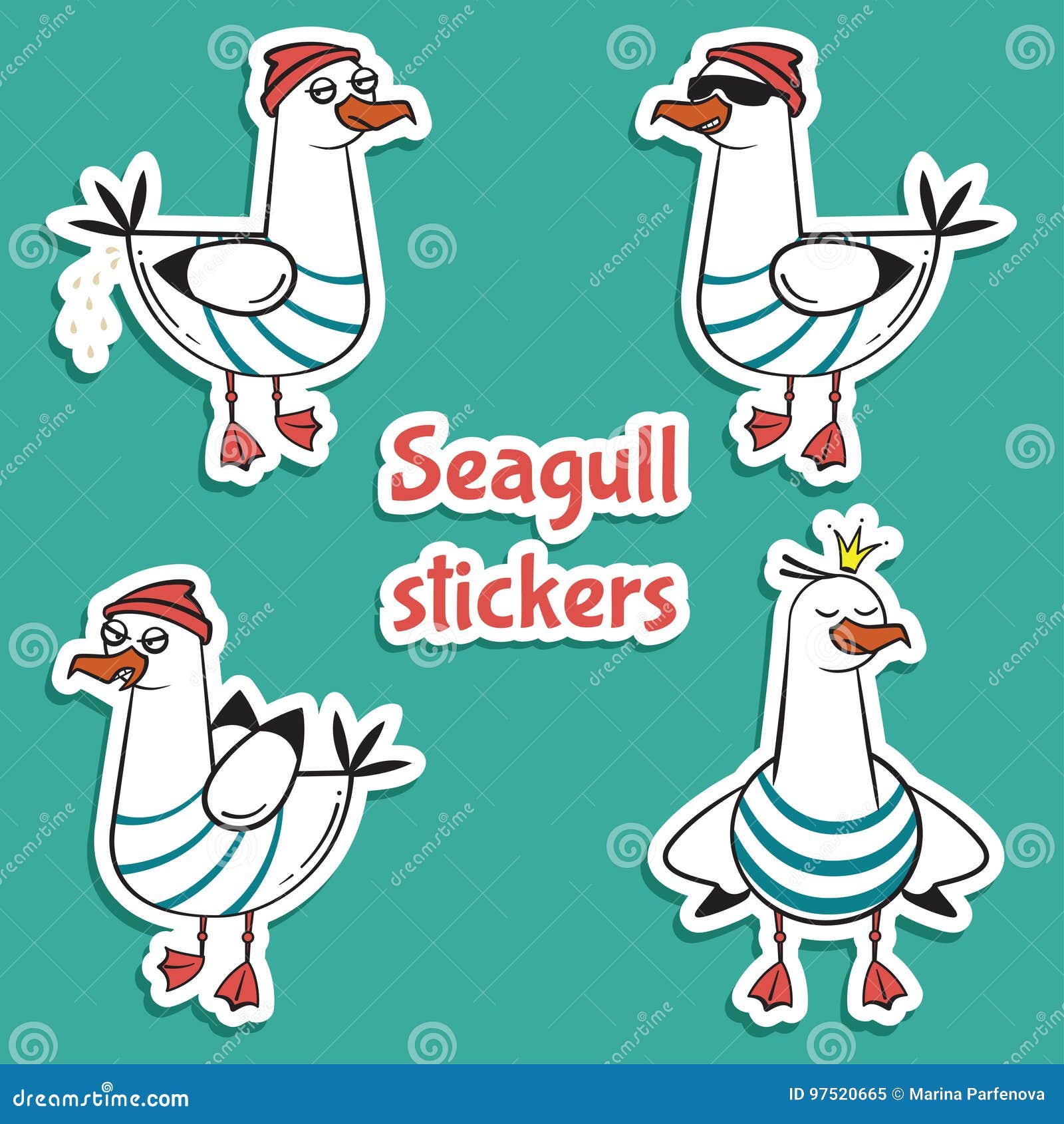 Bird Seagull Stickers Isolated on Blue Background Stock Vector ...