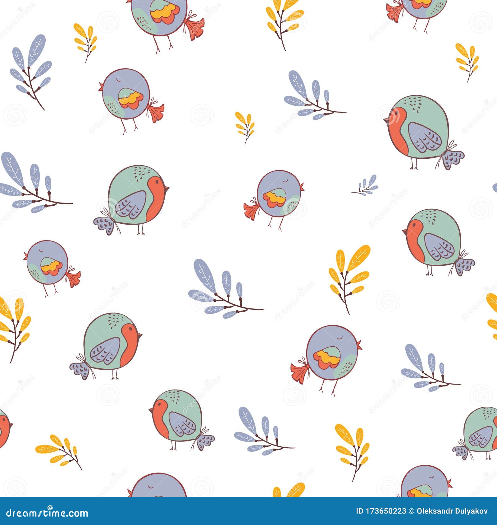 Bird Seamless Pattern. Background with Cute Hand Drawn Bird Doodles. on ...