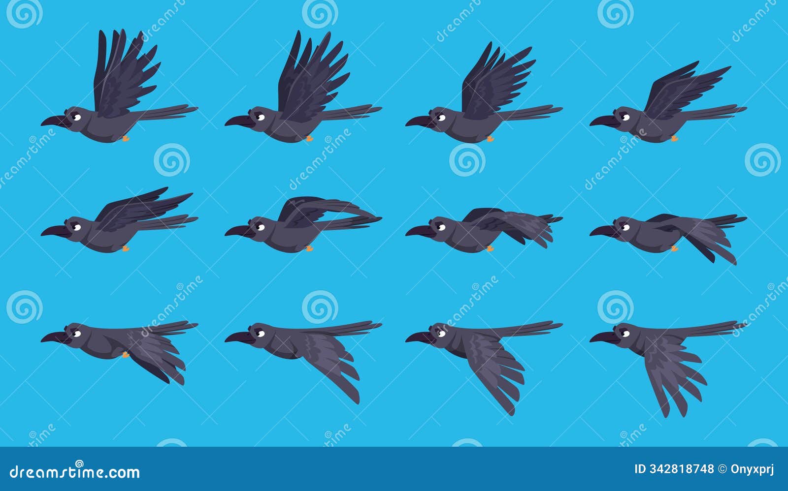 Bird Sequence. Crow Flying Keyframe Animation Exact Vector Game Assets ...