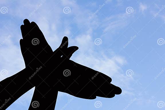 Bird Shape Hand Silhouette in Blue Sky and Cloud. Stock Image - Image ...