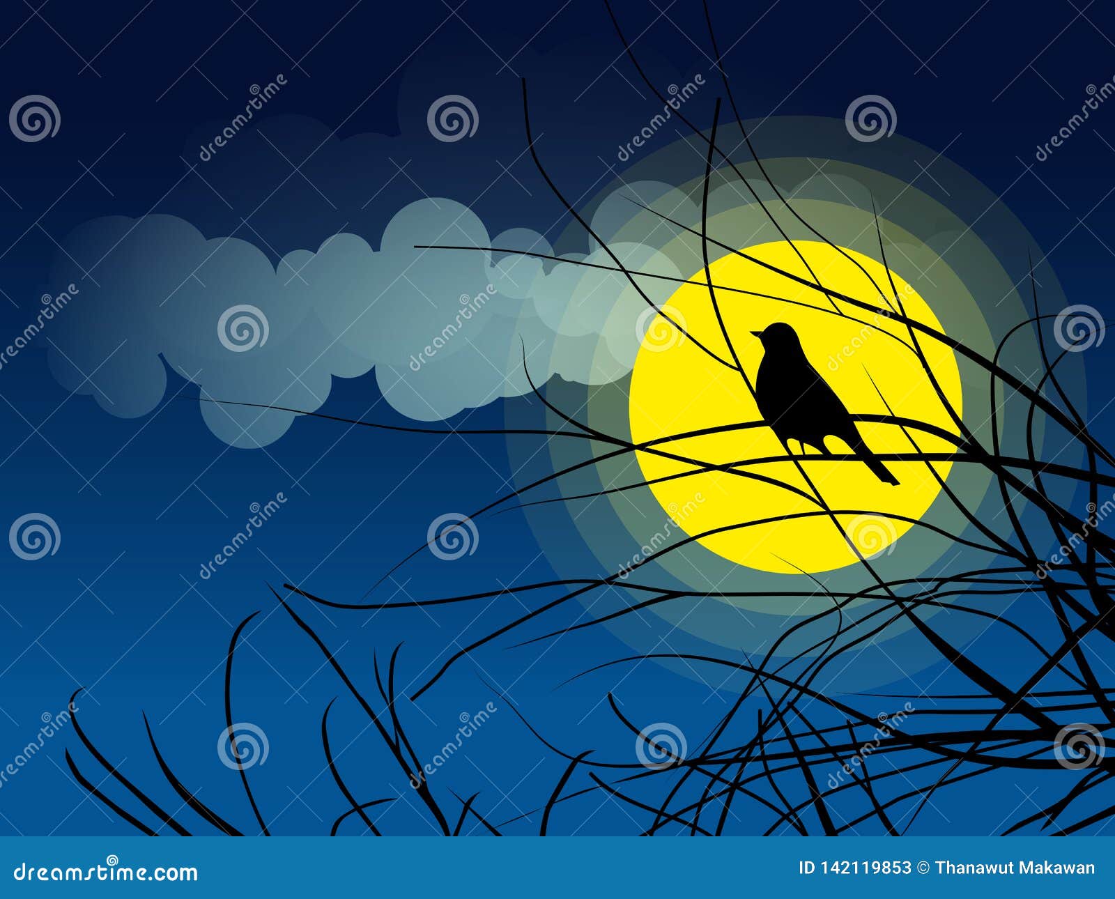 Bird Silhouette Sitting on a Tree Branch Background of the Moonlight ...