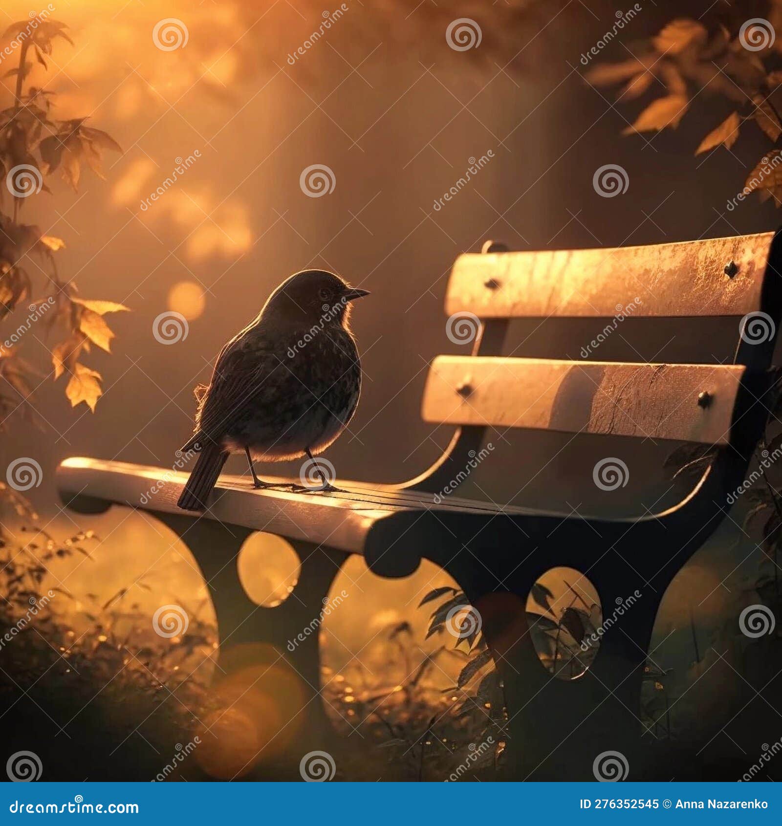 A Bird Sitting on a Bench in the Park in Dawn Stock Illustration ...