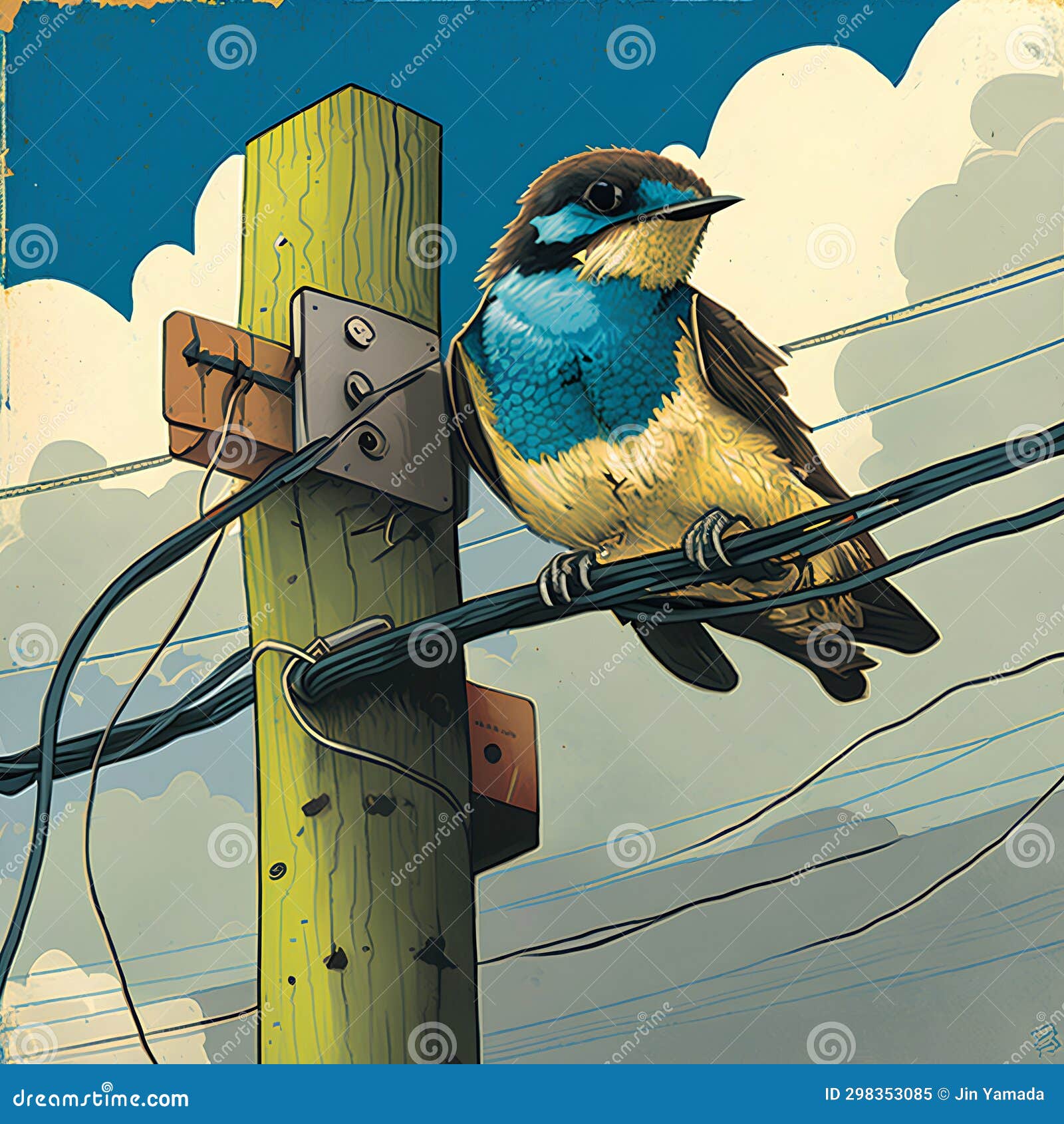 Bird Sitting on a Power Line. Vector Illustration in Retro Style Stock ...