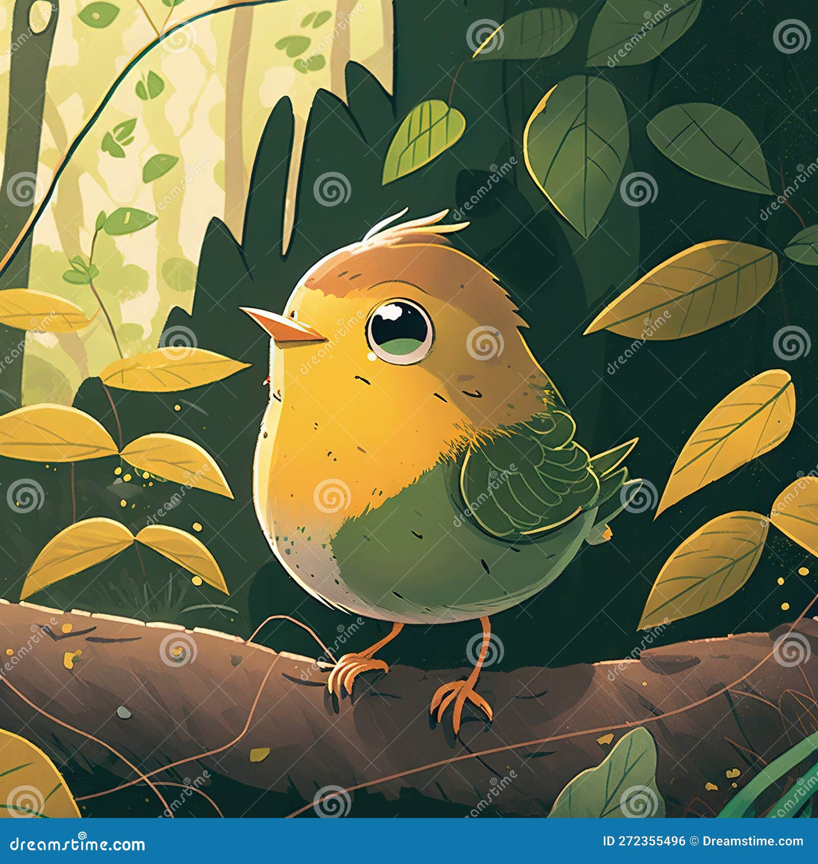 A Bird Sitting on a Tree Branch in a Forest Filled with Leaves Stock ...