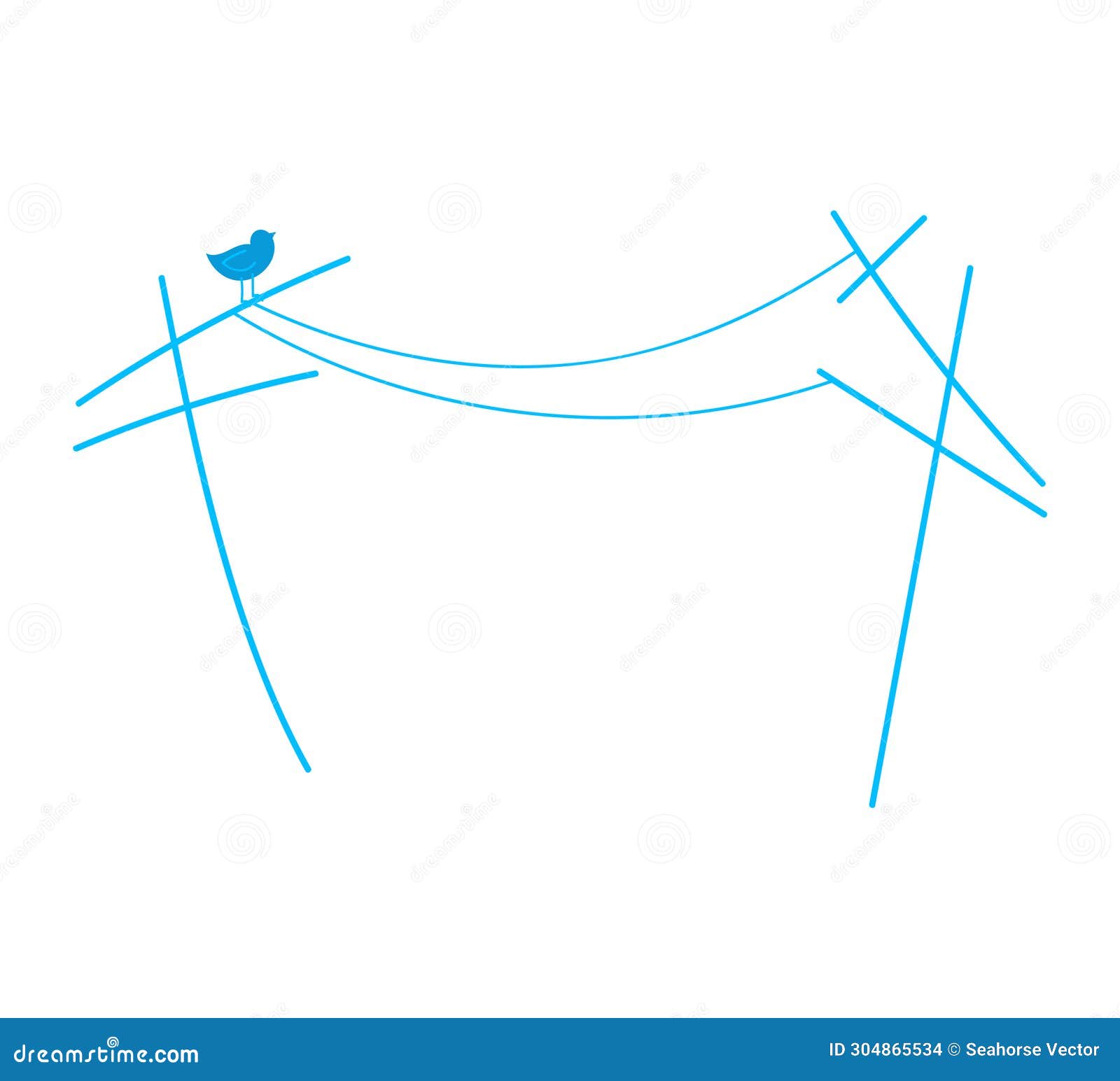 Bird Sitting on a Washing Line with Two Poles. Simple Blue Line Drawing ...