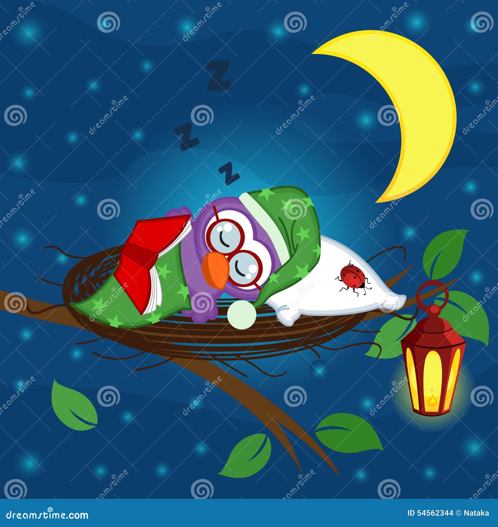 Bird sleeps in a nest stock vector. Illustration of night - 54562344