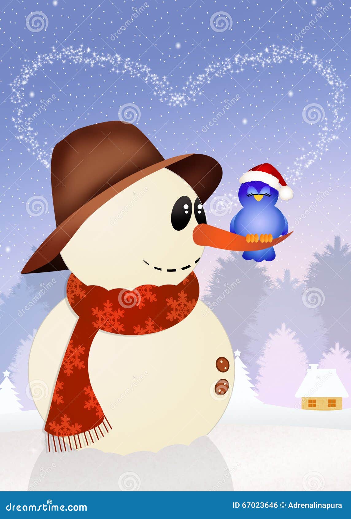 Bird on snowman stock illustration. Illustration of celebration - 67023646