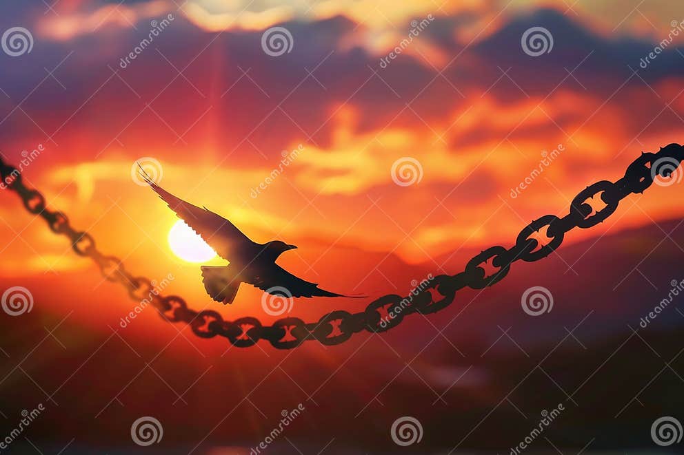 Bird Soaring Against A Colorful Sunset Representing Freedom And Release From Bondage Stock