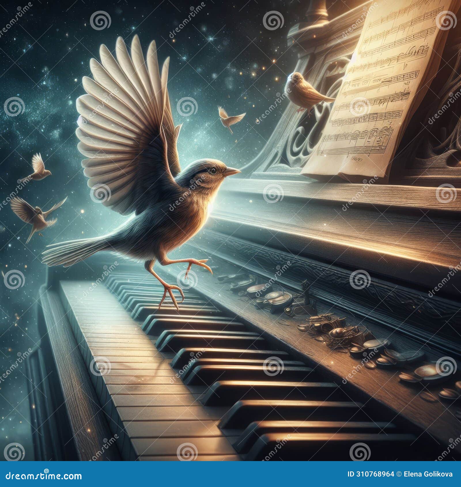 A Bird with Spread Wings Stands on Piano Keys, with Music Notes and ...