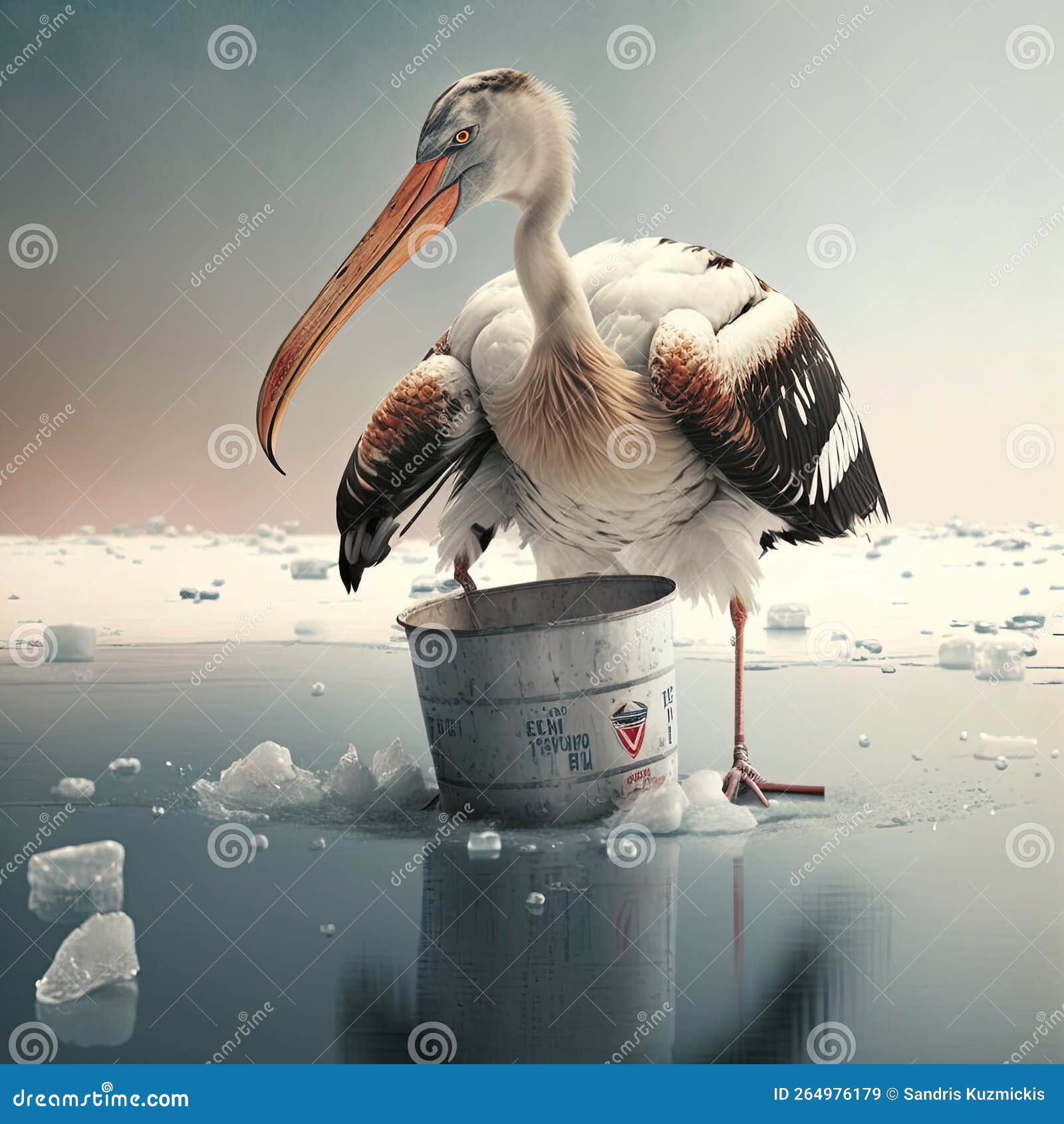 The Bird is Standing by a Barrel Broken in the Ice Stock Illustration ...