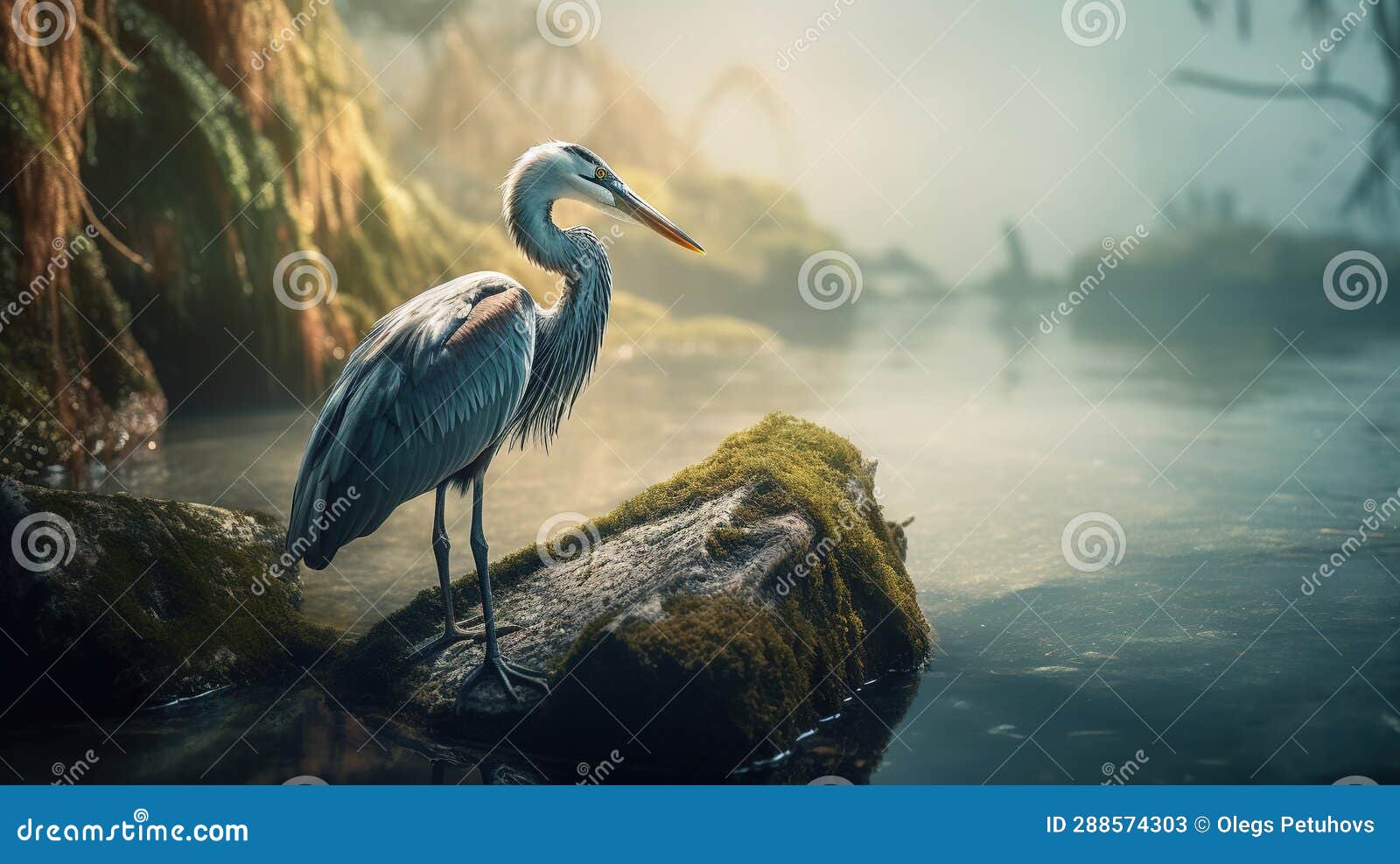 A Bird Standing on a Rock in a Swampy Area Stock Illustration ...