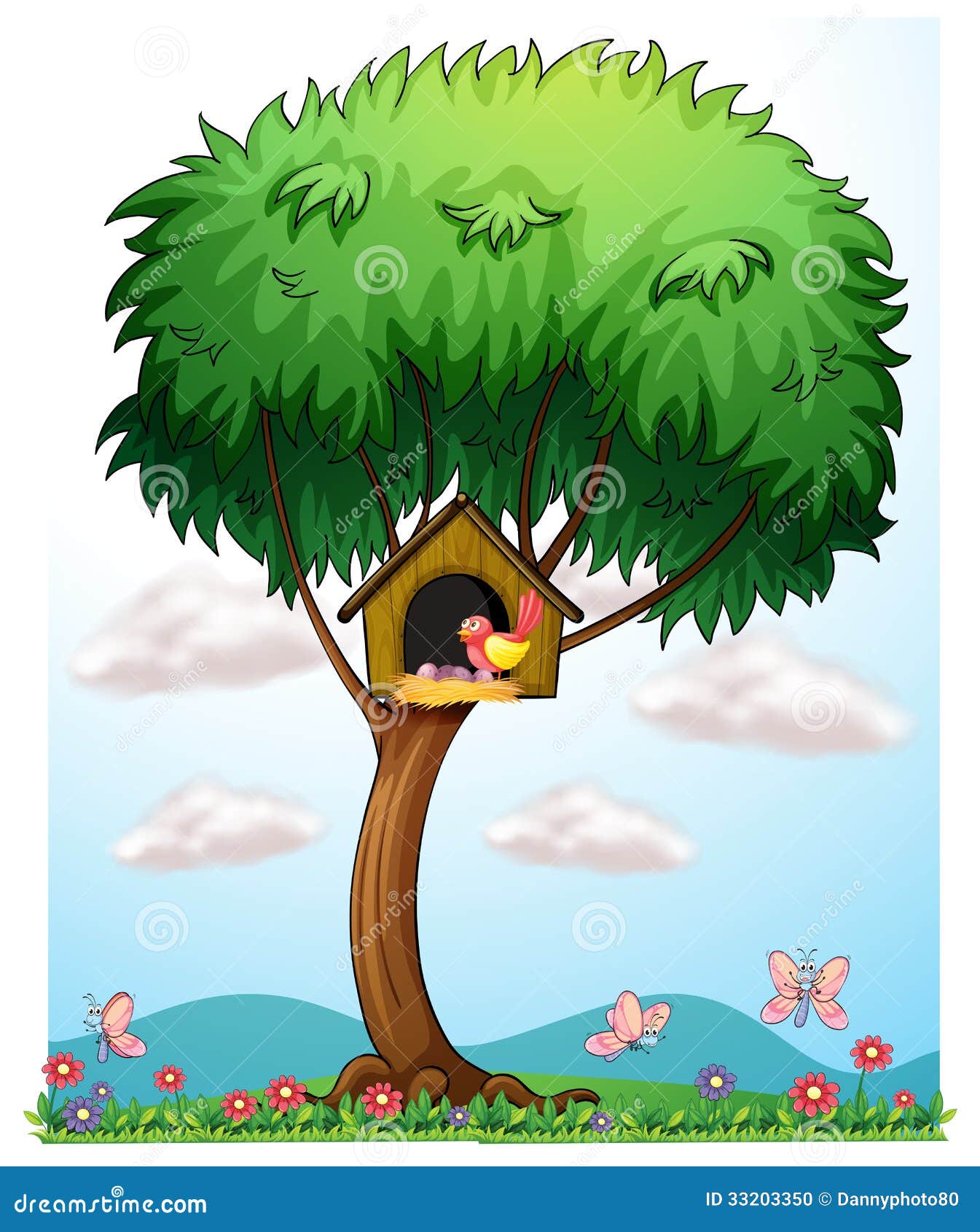 A Bird In A Tree With A Bird House Stock Vector - Illustration of ...