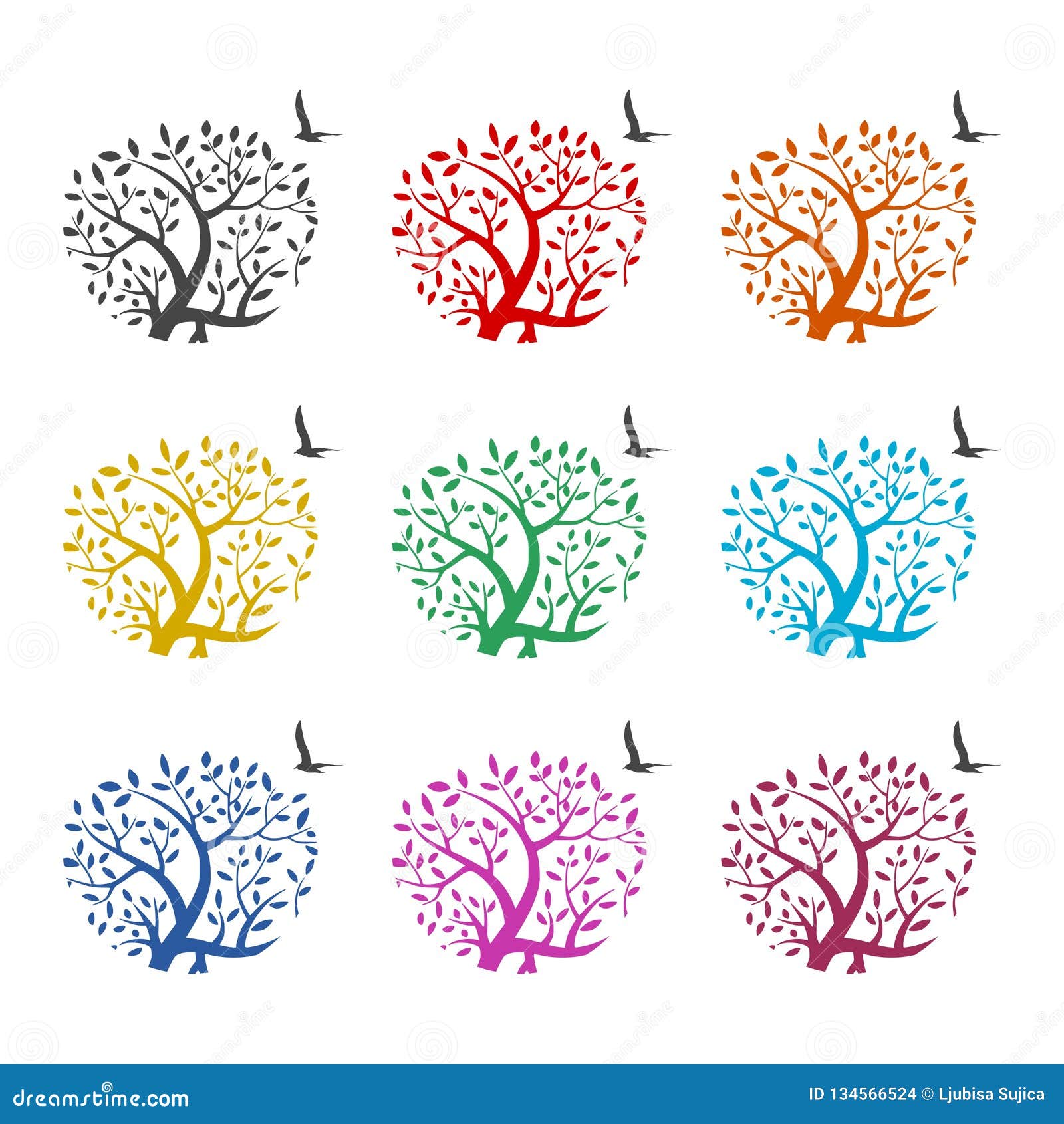 Bird and Tree Branches Logo or Icon, Color Set Stock Illustration ...