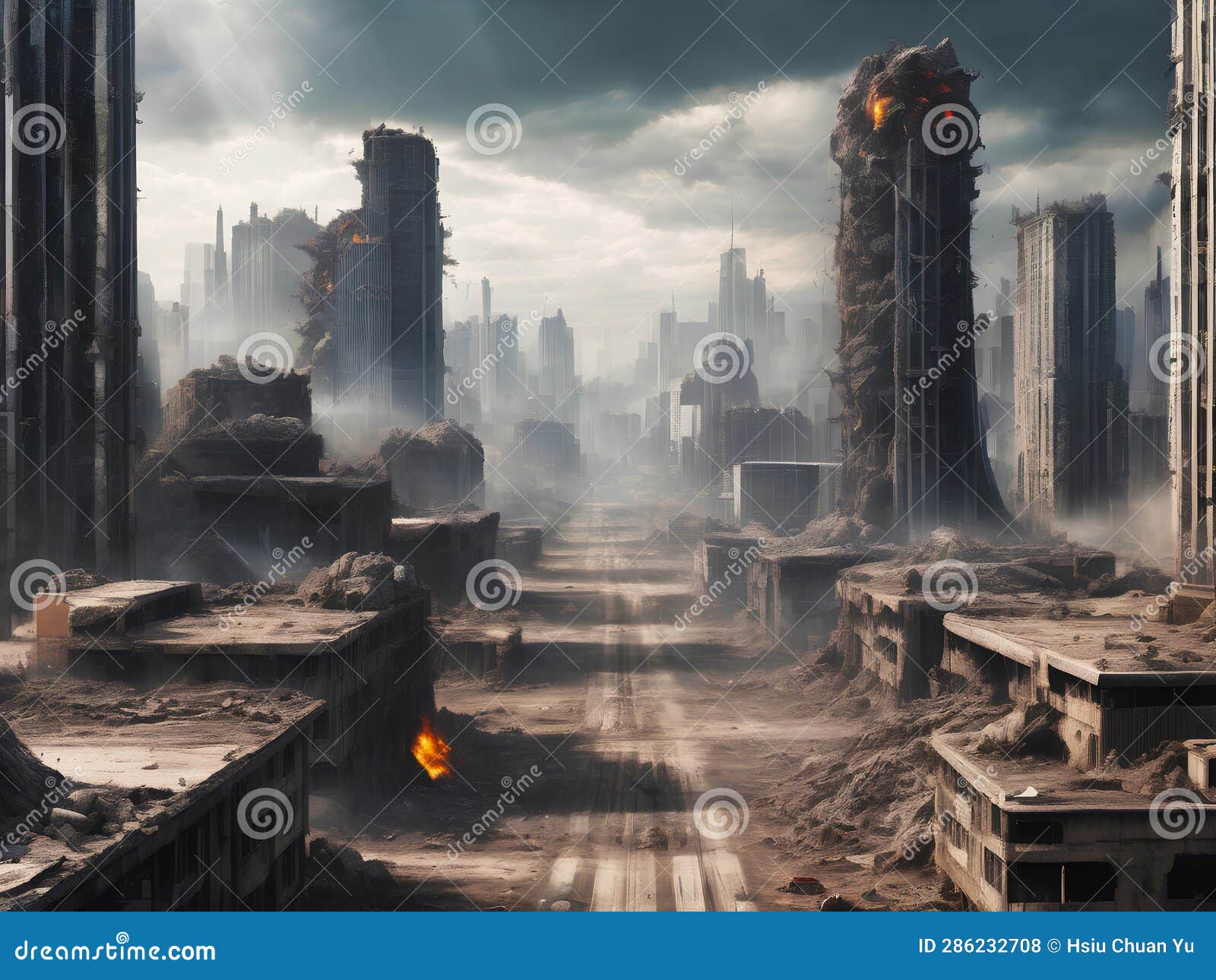 Doomsday City Apocalyptic Ruins Cartoon Vector Illustration. Damage ...