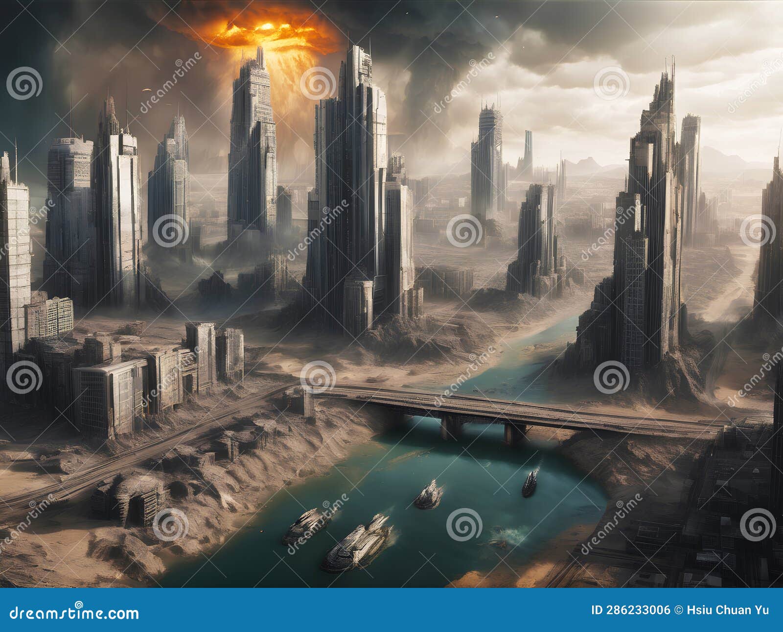 Bird View Landscape of Doomsday Broken Deserted City Stock Illustration ...