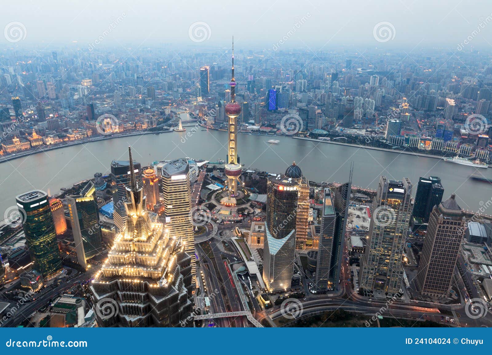 Bird View of Shanghai at Dusk Stock Photo - Image of oriental, building ...