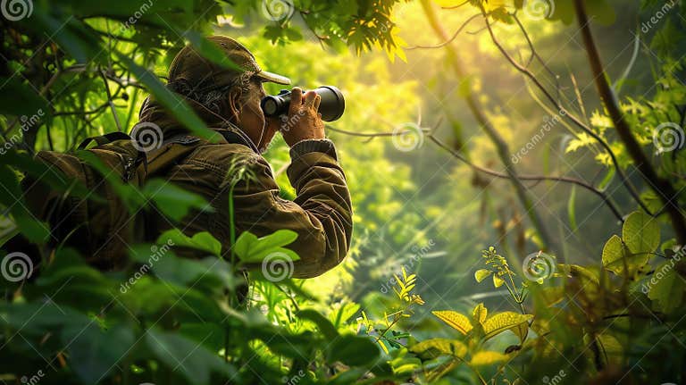 The Bird Watcher Using Binocular and Searching for the Bird in a Forest. AIG43. Stock Image ...