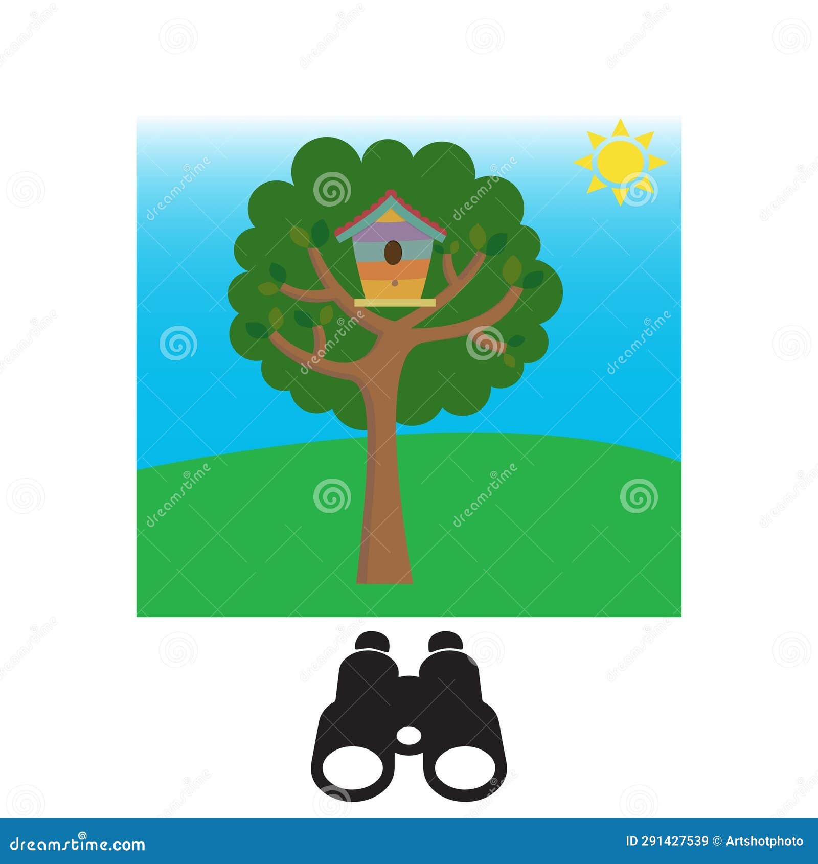 Landscape with a Tree and a Bird House in it and Binoculars, Bird ...