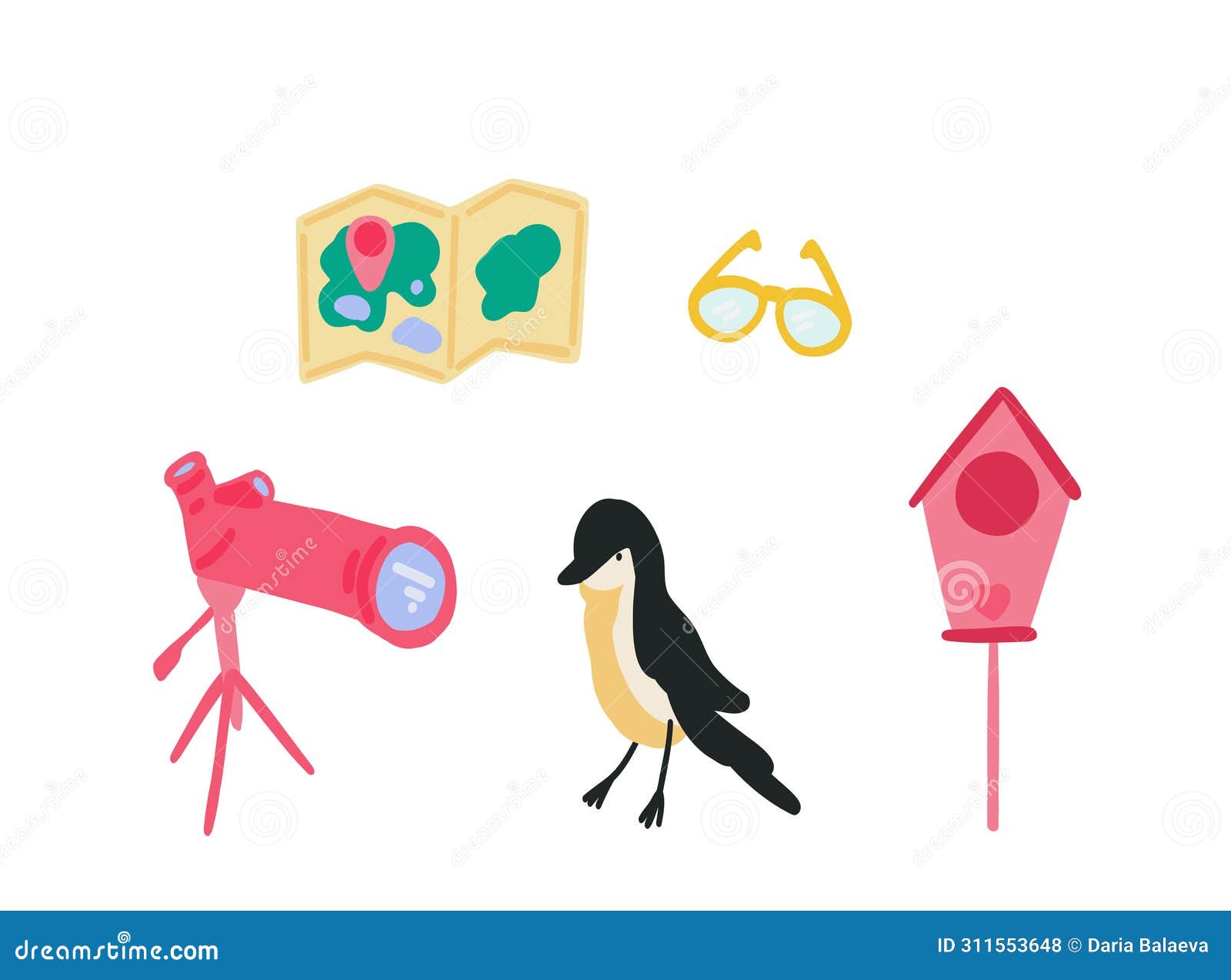 Bird Watching Flat Design Set with Bird and Map Stock Vector ...