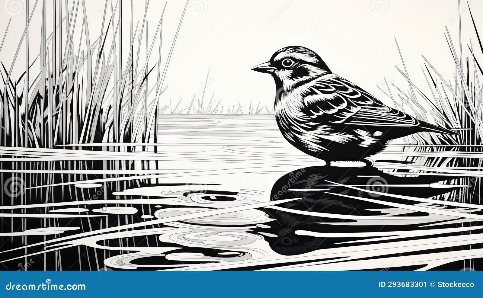 Bird in Water: High-contrast Shading in Linocut Style Stock ...