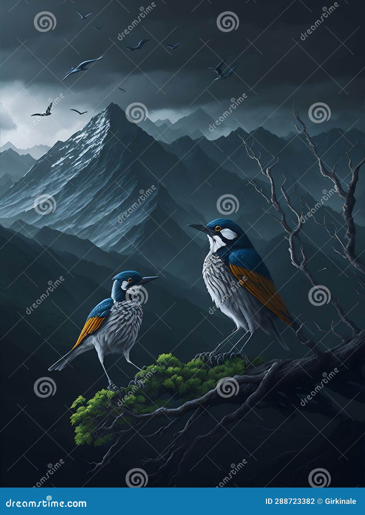 Birds on the Background of Harsh Mountains. Stock Illustration ...