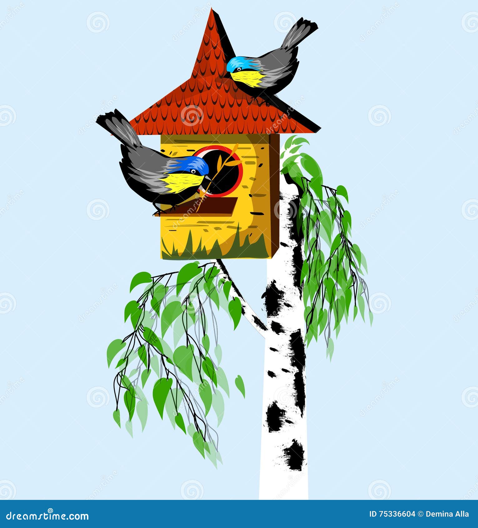 Birds with Birdhouse on the Tree Stock Vector - Illustration of ...