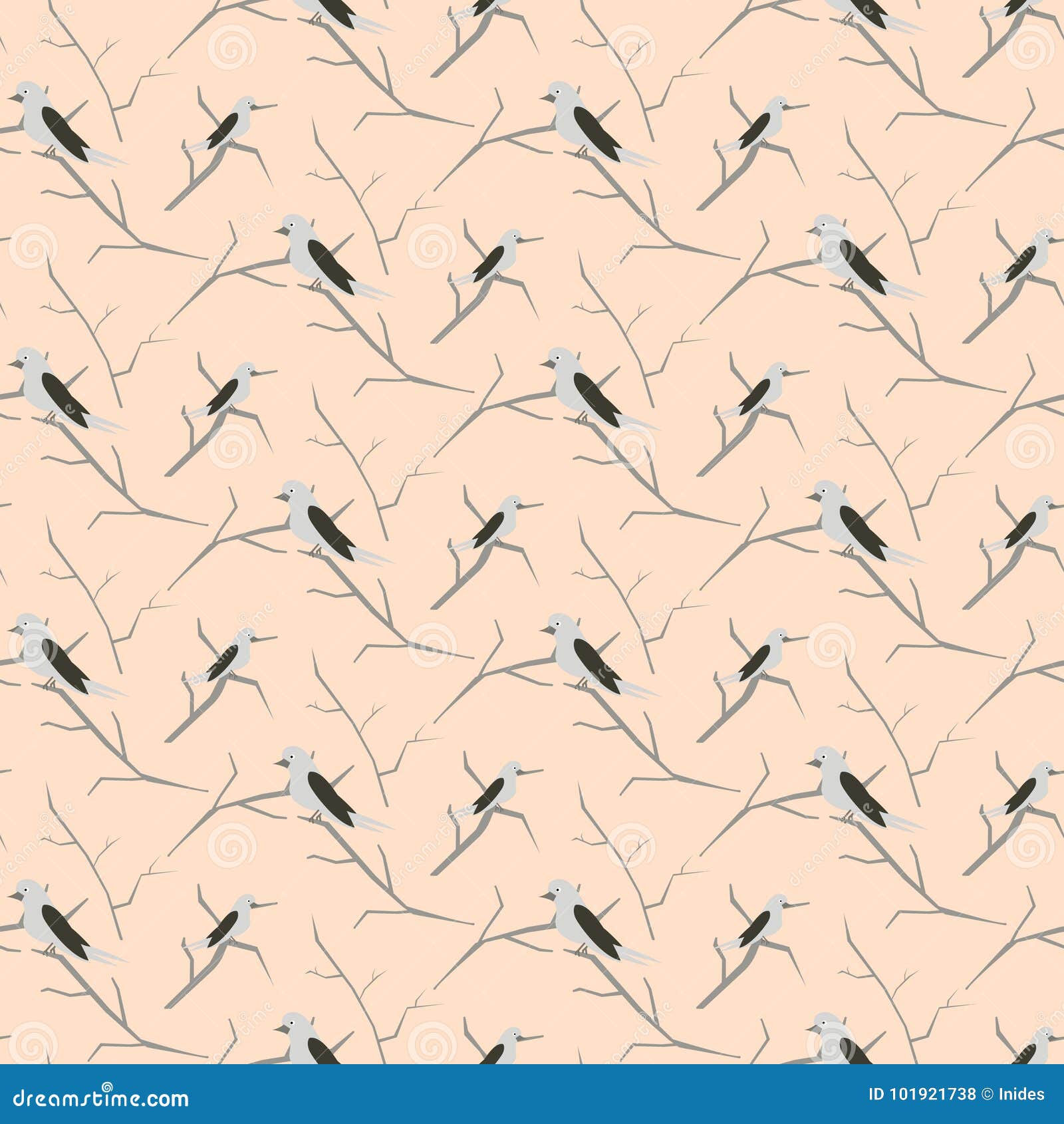 Birds on Branches Light Pink Cute Pattern Seamless Vector. Stock Vector ...