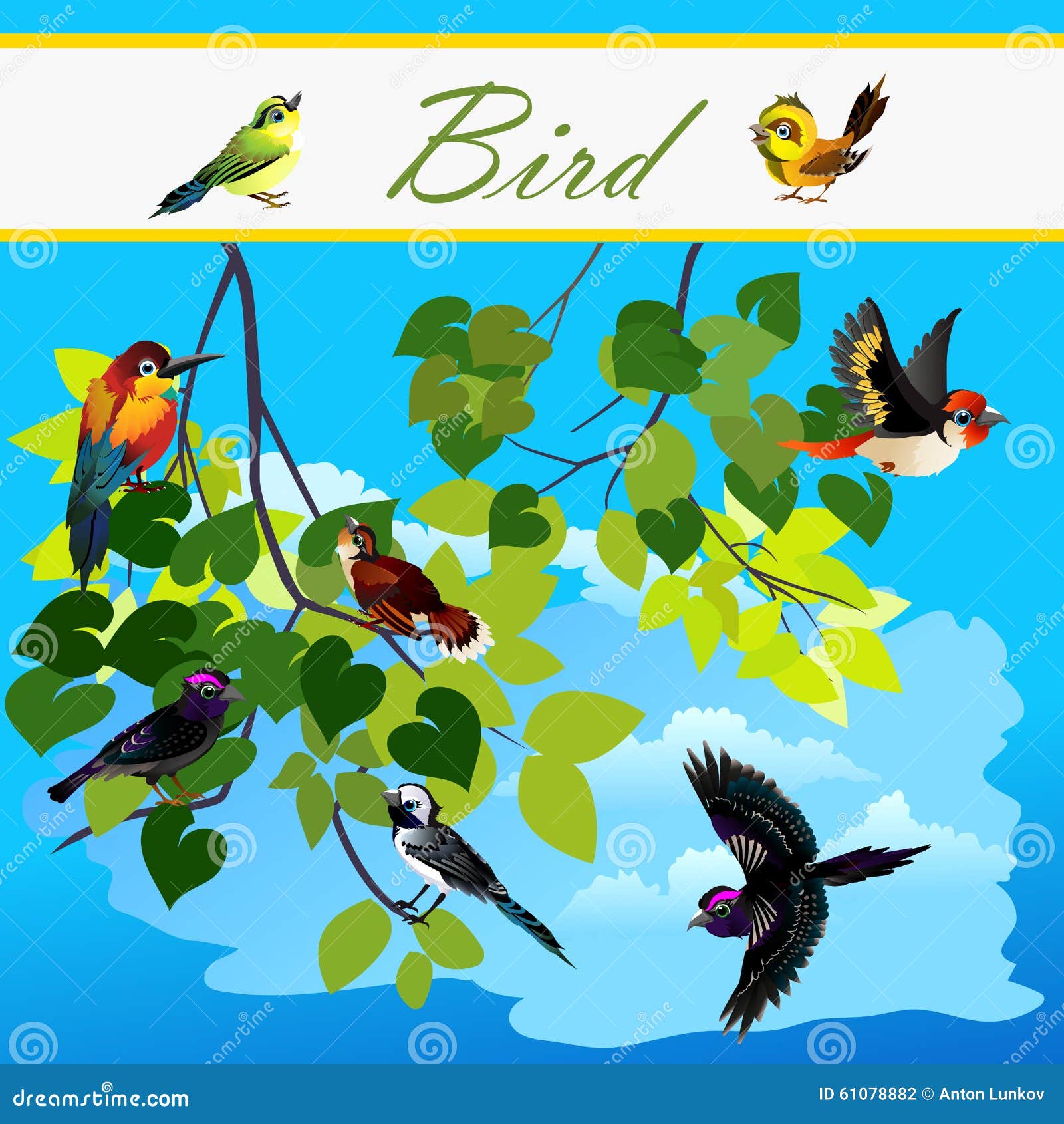 Birds on the Branches Tree, Flying in Sky Stock Vector - Illustration ...