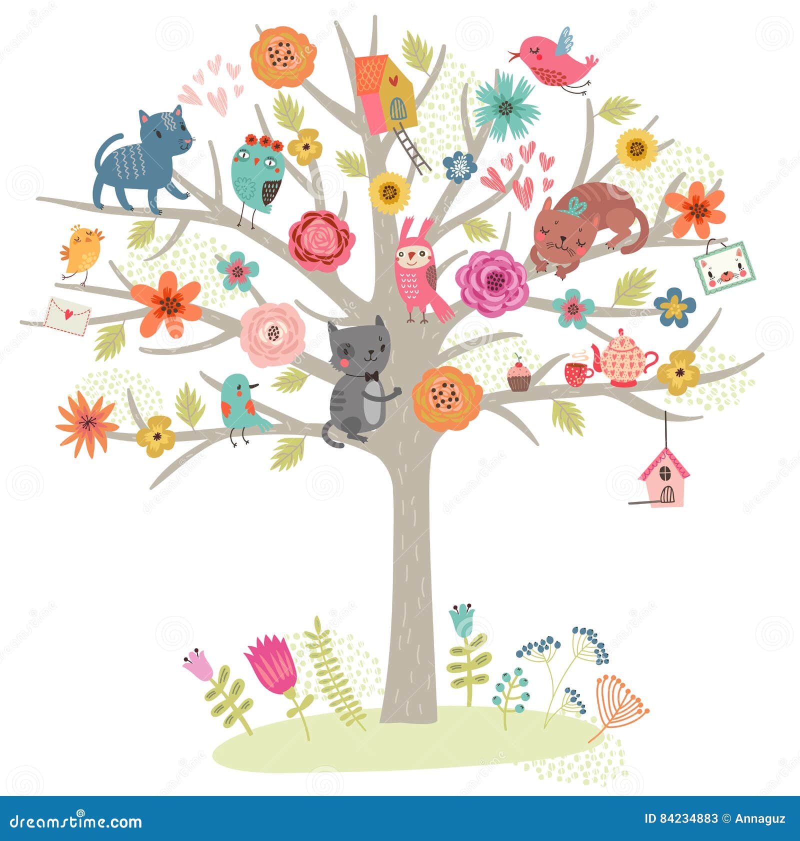 Birds and Cats on the Tree. Vector Illustration Stock Vector ...