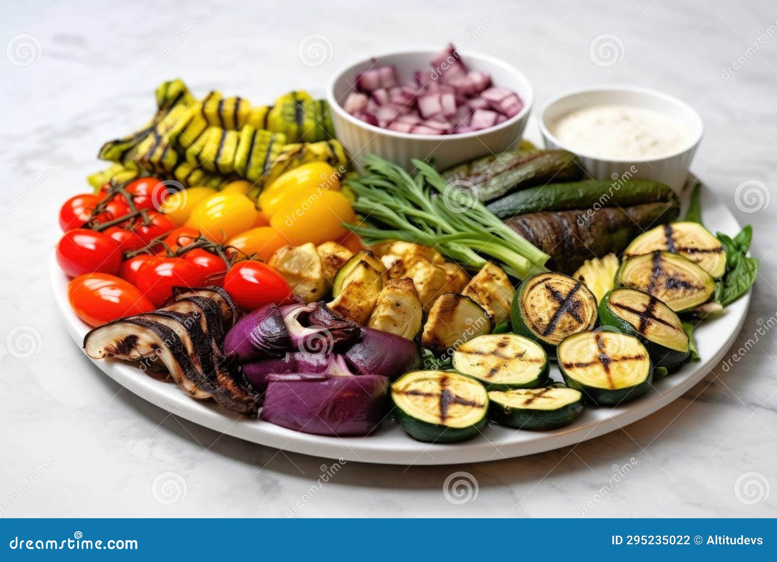 Birds Eye View of an Assorted Grilled Vegetable Platter on a Blue Table ...