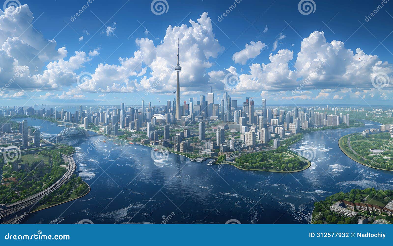 Birds Eye View of City with Skyscrapers, Waterways, and Lush Greenery ... Birds Eye View of City with Skyscrapers, Waterways, and Lush Greenery ...