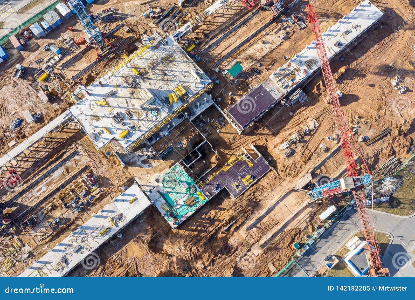 Birds Eye View on Construction Site with Tower Cranes and Building ...