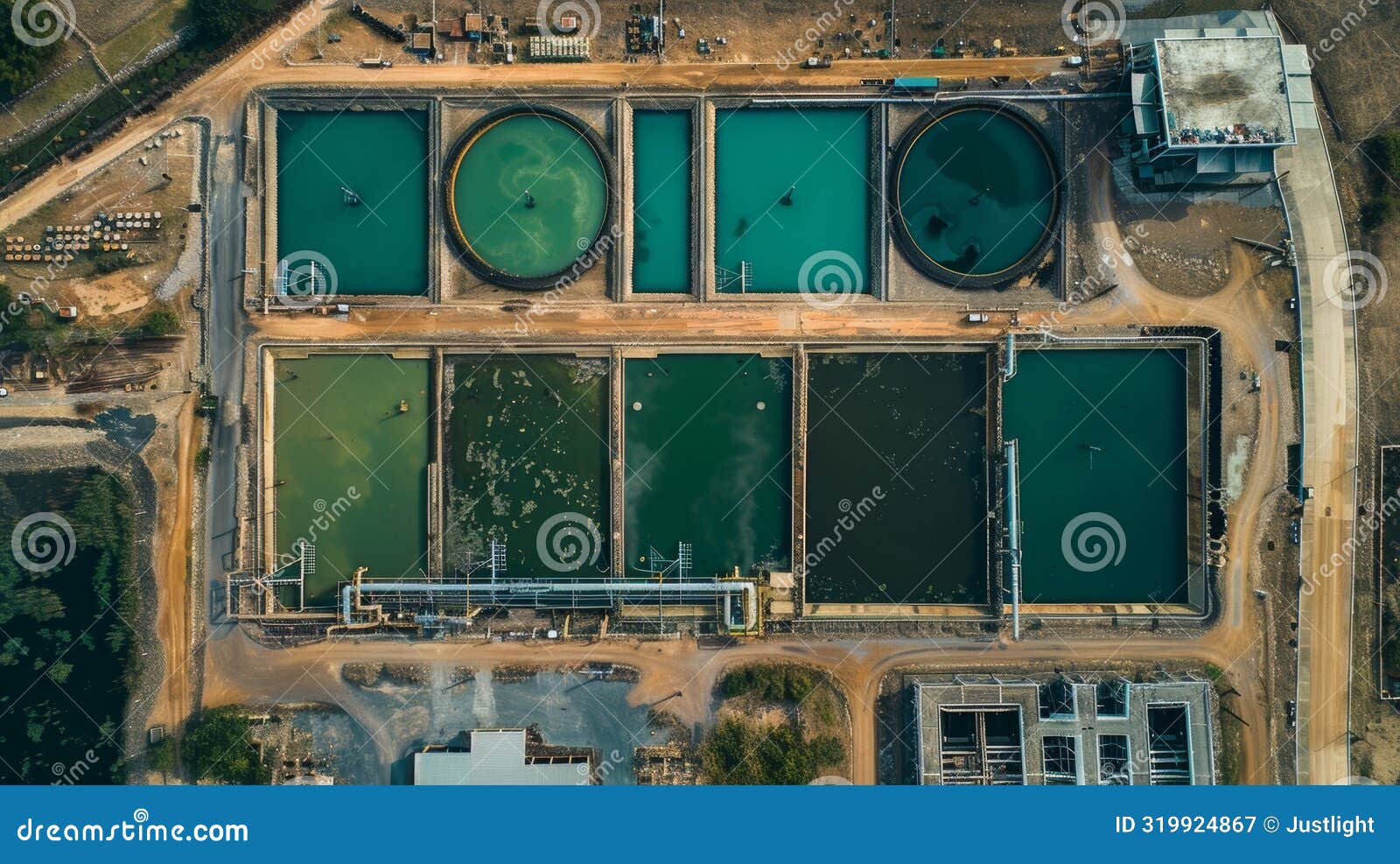 A Birds Eye View of the Cooling Ponds with Tiny Buildings and ...