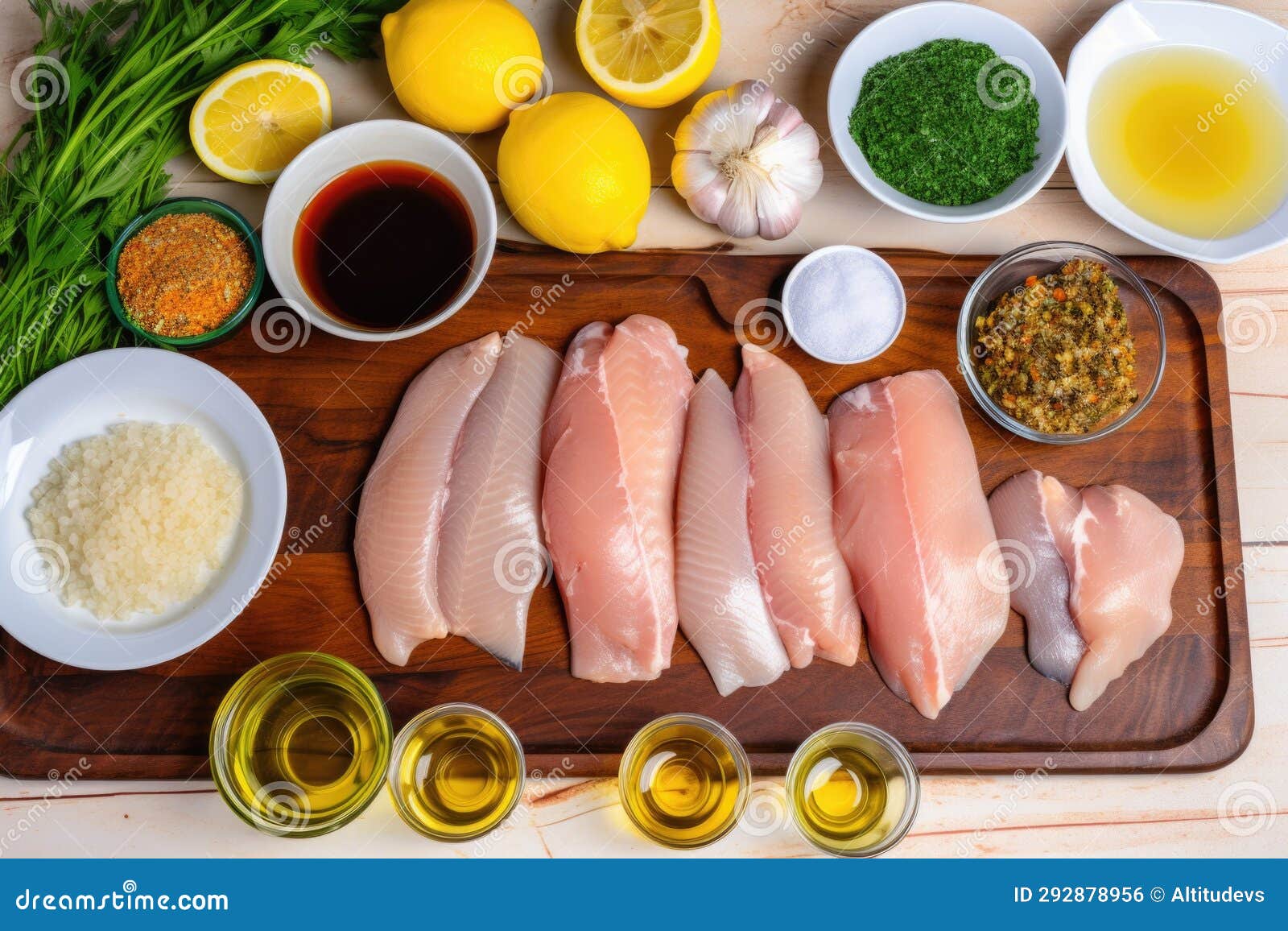 Birds Eye View of Marinade Ingredients and Fish on a Table Stock Photo ...