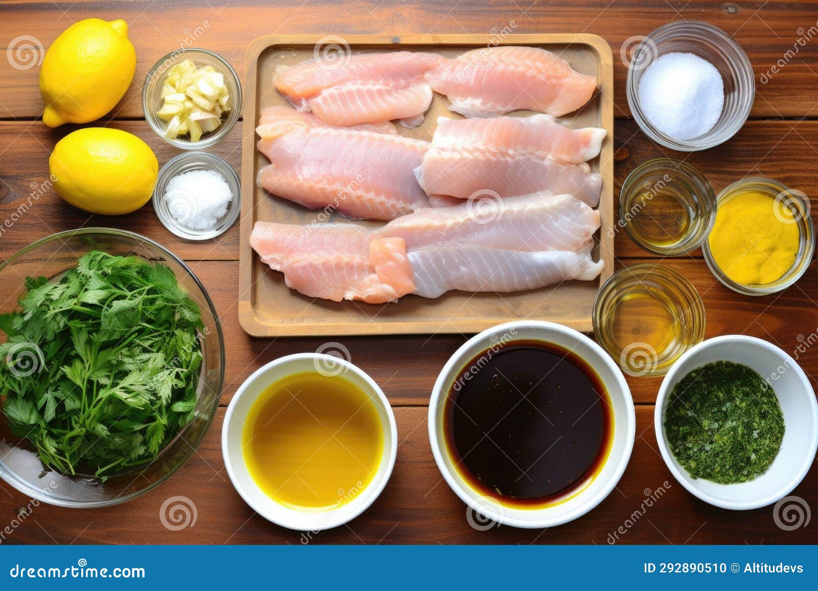 Birds Eye View of Marinade Ingredients and Fish on a Table Stock Photo ...