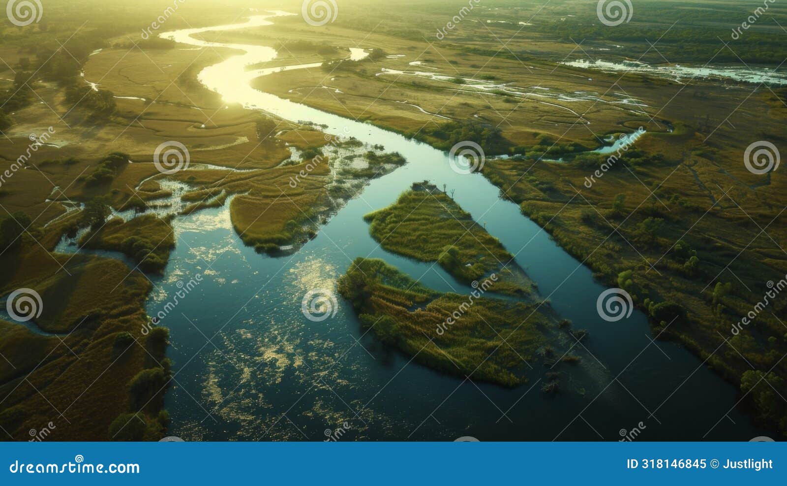 A Birds Eye View of a Meandering River Its Surface Reflecting the ...