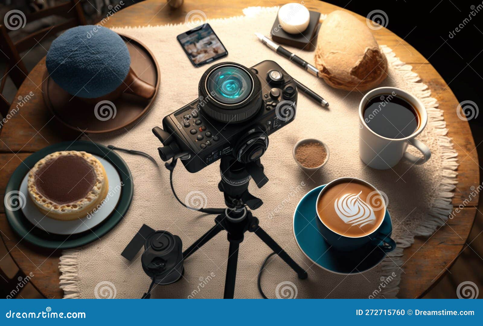 Birds Eye View of a Podcast Camera and Microphone Setup with Coffee Cup ...