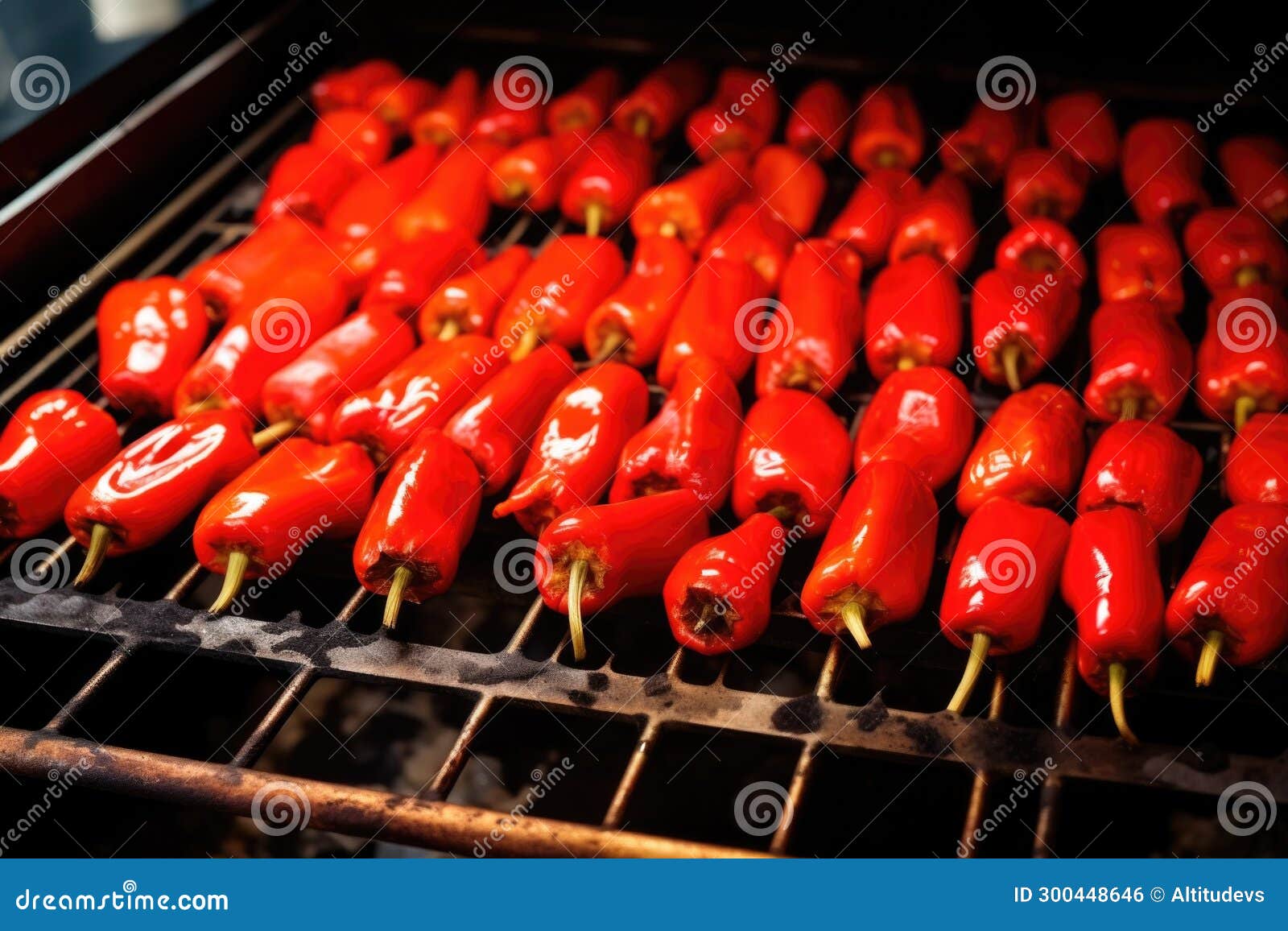 Birds Eye View of Red Bell Peppers Roasting on a Spit Stock Photo ...
