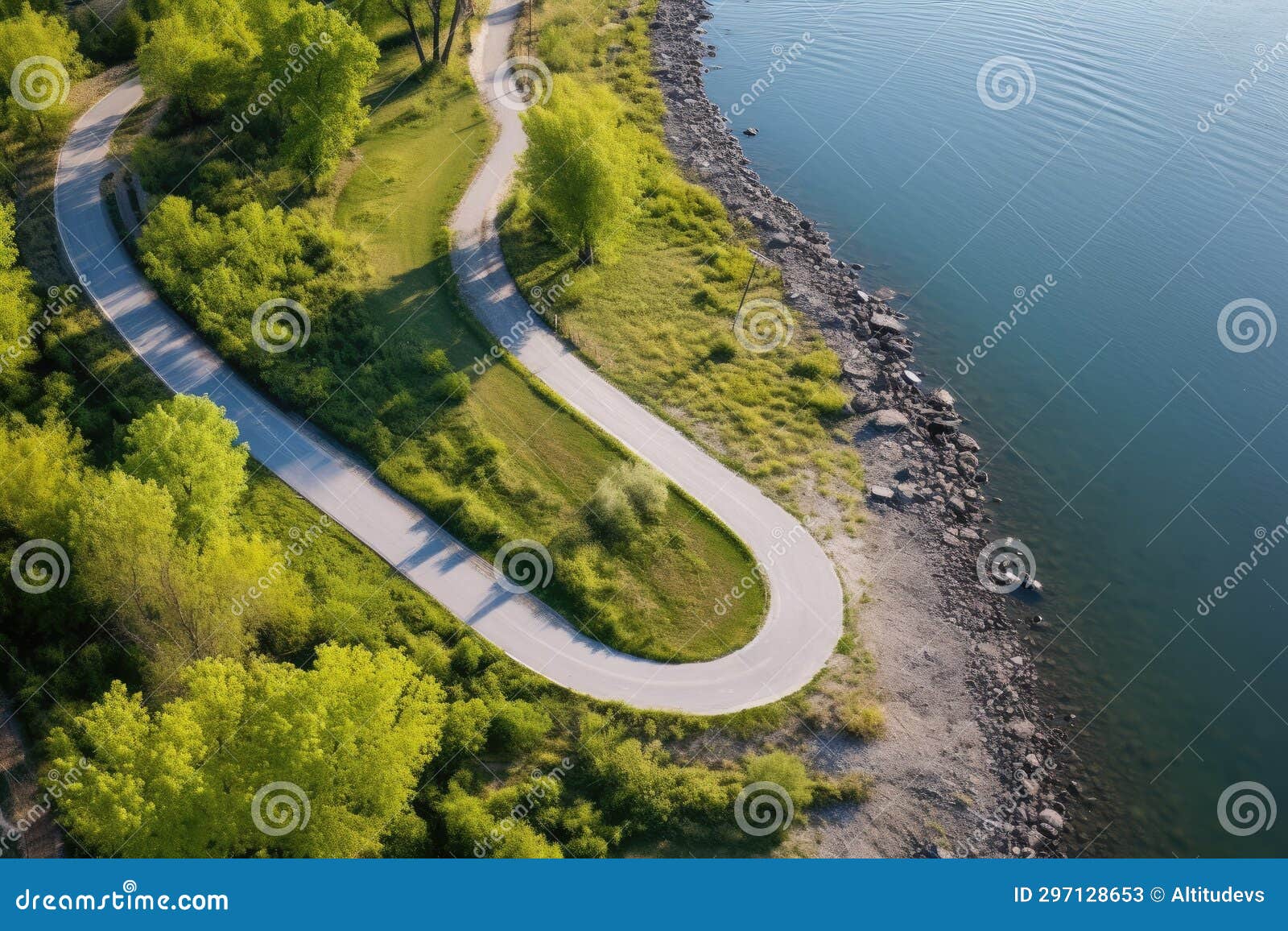 Birds Eye View of Riverside Trail Curving Along Water Stock Image ...