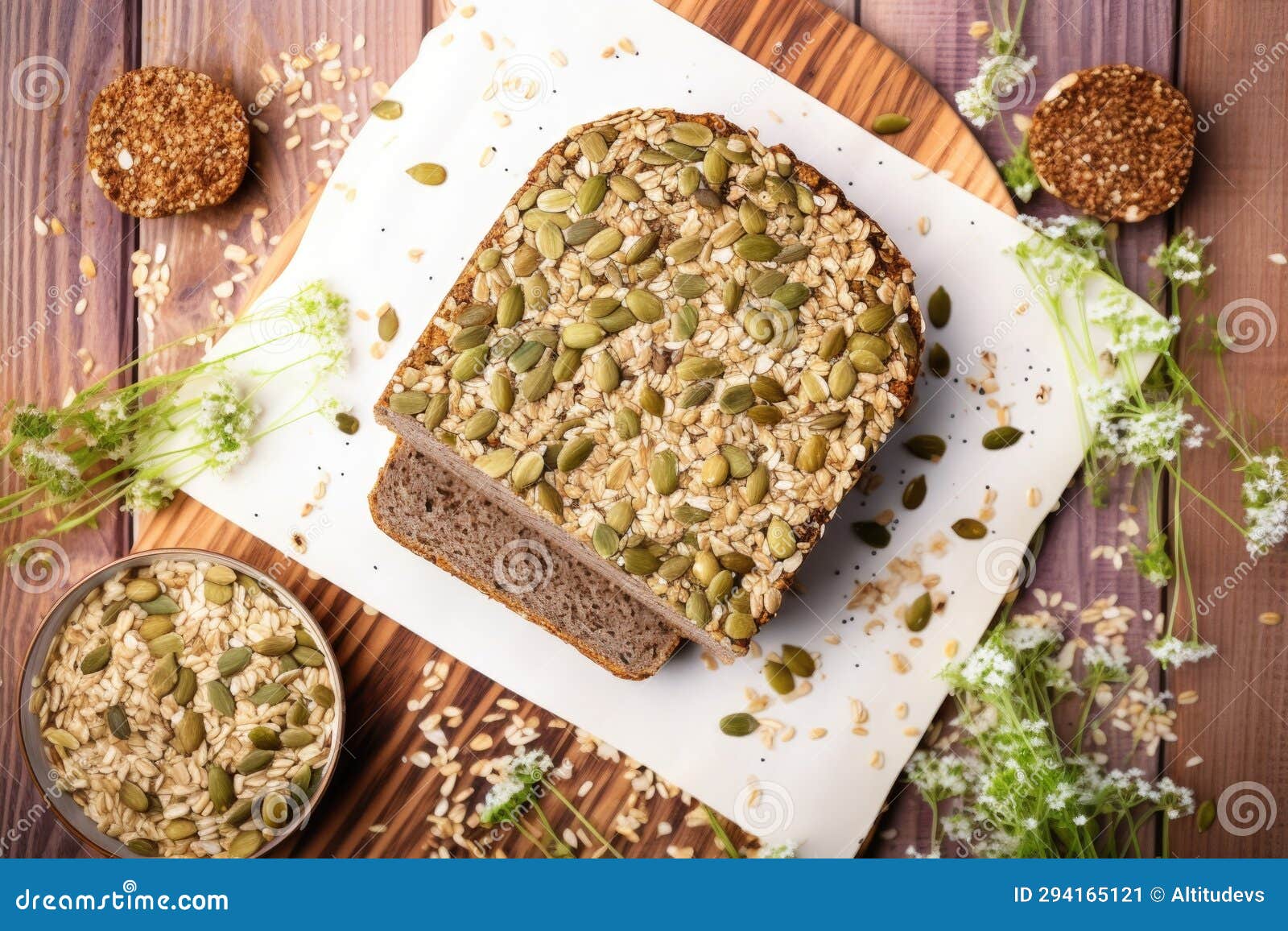 Birds-eye View of Sprouted Grain Bread Surrounded by Grain Sprouts ...