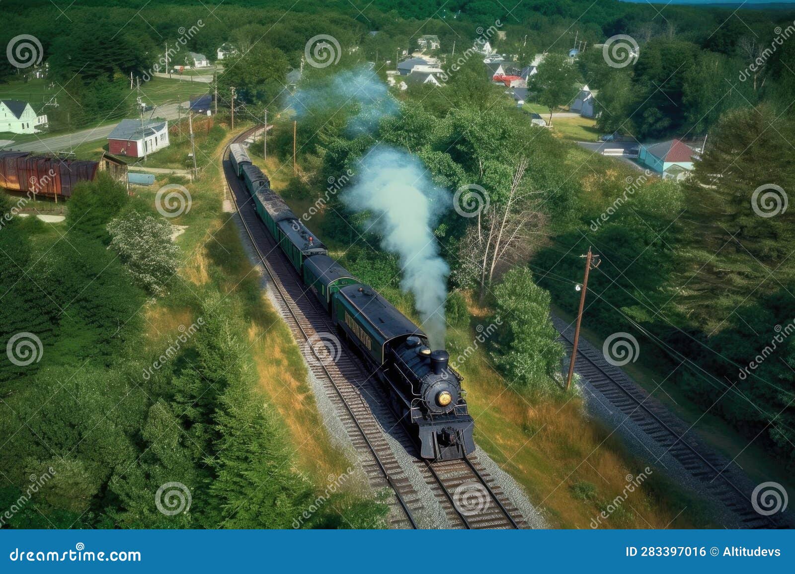 Birds Eye View of Steam Engine Train on Tracks Stock Illustration ...