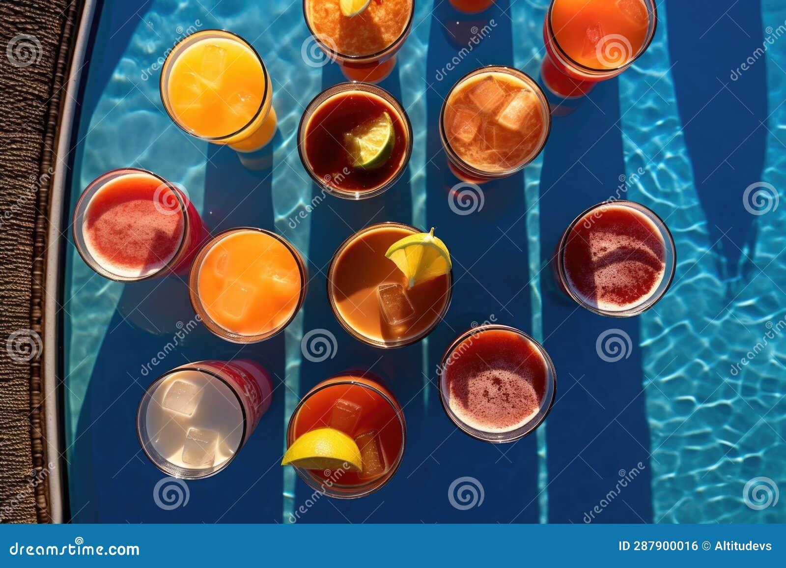 Birds-eye View of Tequila Sunrise Drinks on Pool Deck Stock ...
