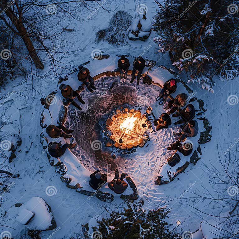 Birds Eye View of a Winter Solstice Fire Pit Gathering Stock ...