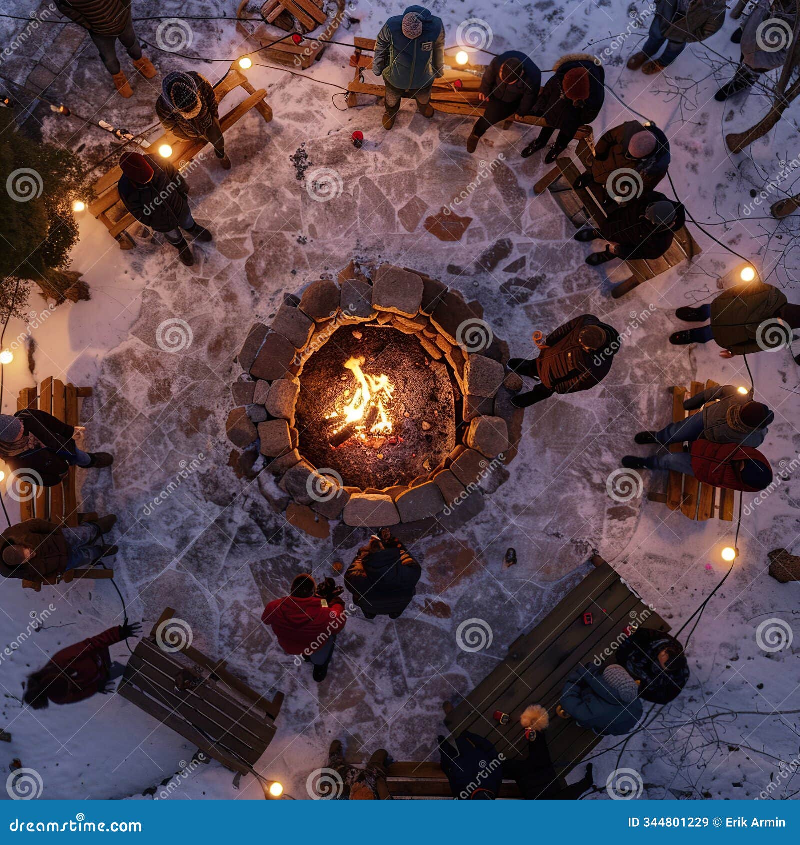 Birds Eye View of a Winter Solstice Fire Pit Gathering Stock ...