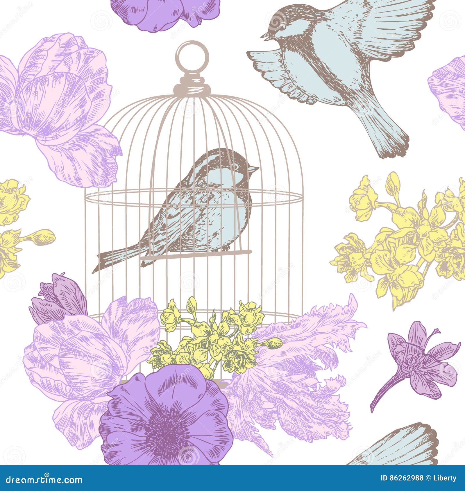 Birds, Flowers and Cage Seamless Pattern Stock Vector - Illustration of ...